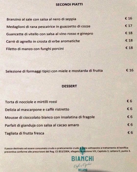 Menu at Bianchi Cafe & Cycles, Milan