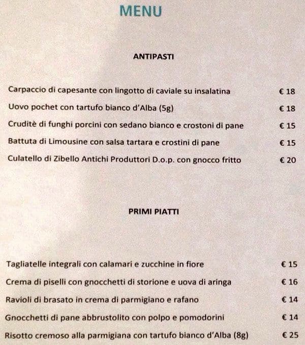 Menu at Bianchi Cafe & Cycles, Milan