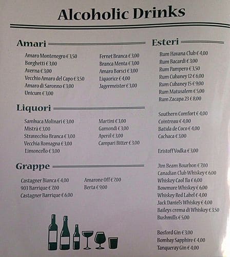 Menu at Punto Zero pub & bar, Rome, Via Goito 44