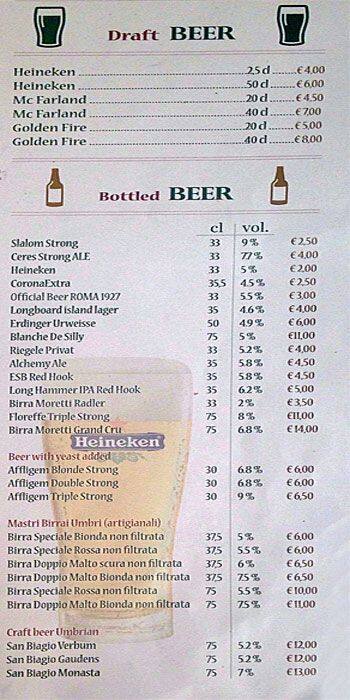 Menu at Punto Zero pub & bar, Rome, Via Goito 44