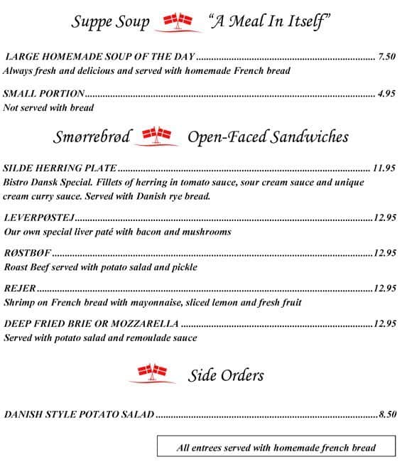 Menu at Bistro Dansk restaurant, Winnipeg