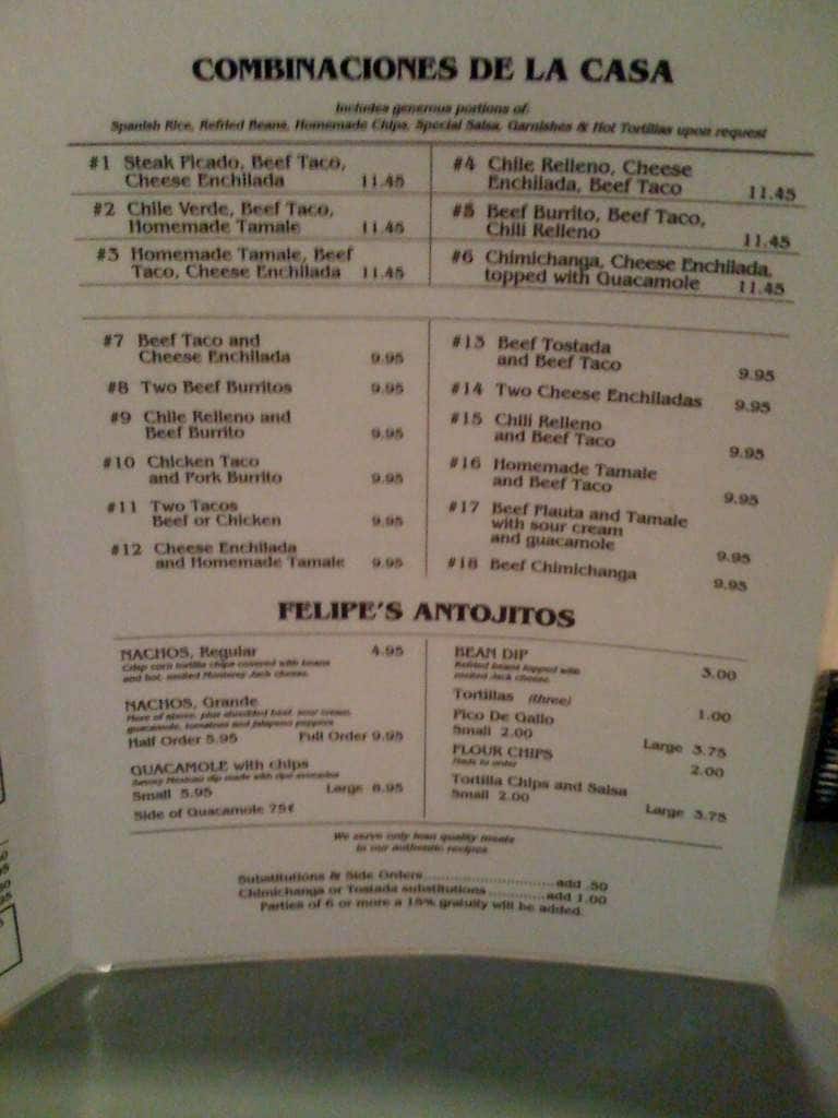 Menu at Felipe's Mexican restaurant, Citrus Heights