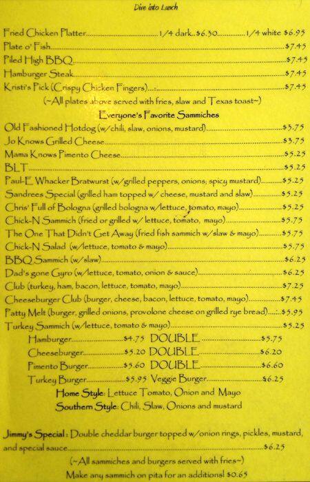 Menu at Dive N restaurant, Pineville