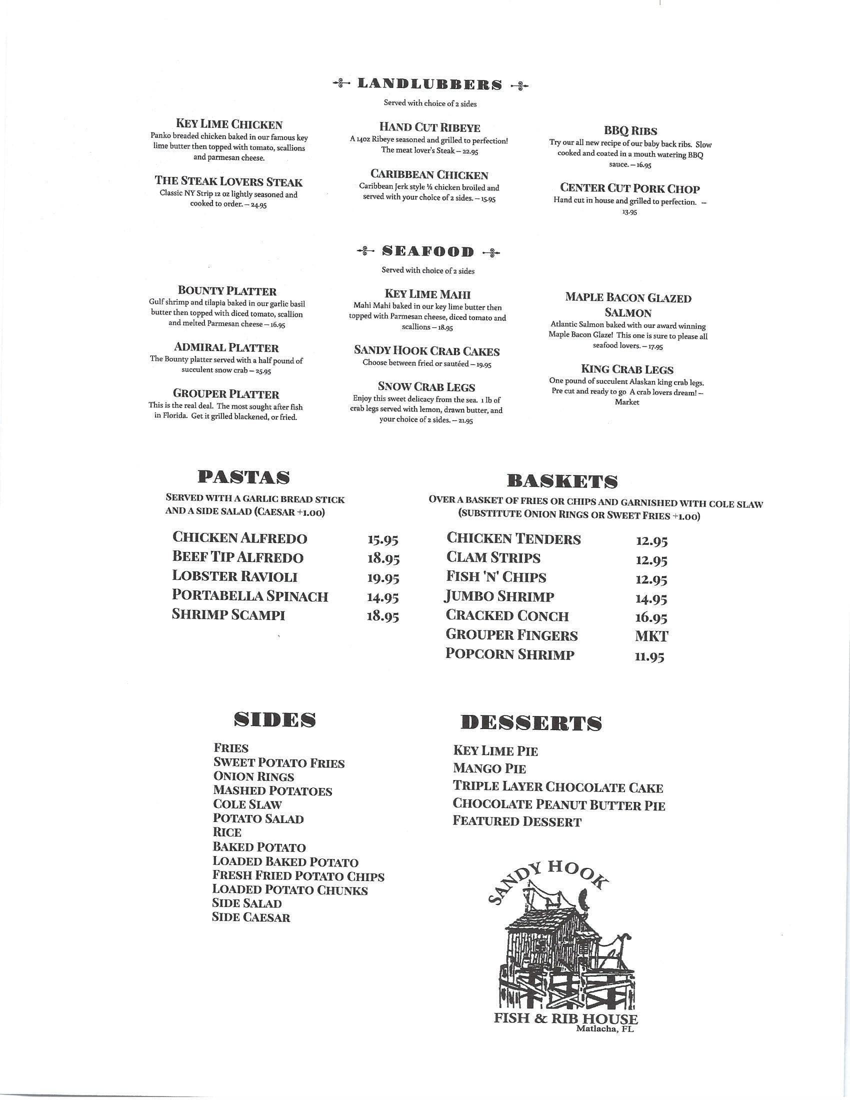 Menu at Sandy Hook pub & bar, Matlacha