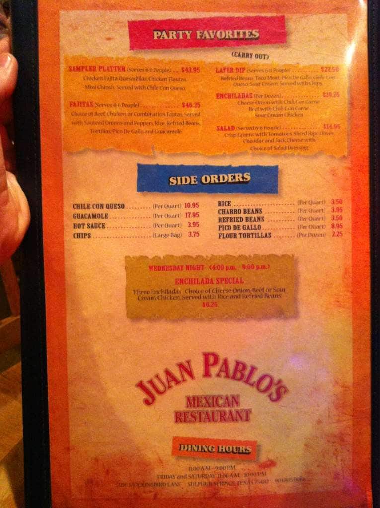 Menu at Juan Pablos restaurant, Sulphur Springs