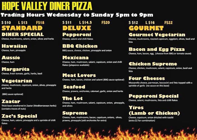 Menu at The Hope Valley Diner restaurant, Hope Valley