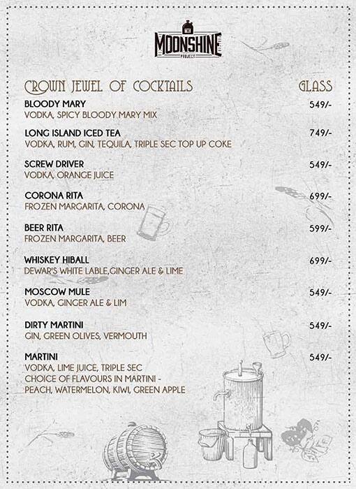 Menu at The Moonshine Project, Hyderabad