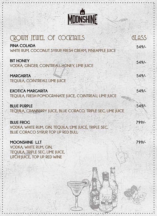 Menu at The Moonshine Project, Hyderabad