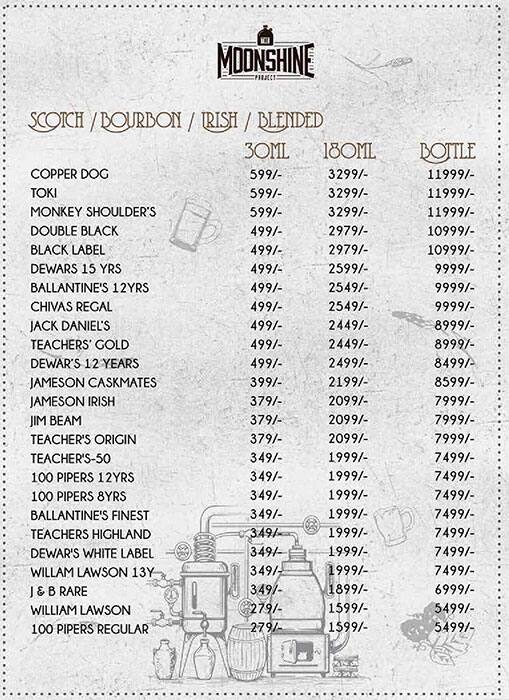 Menu at The Moonshine Project, Hyderabad