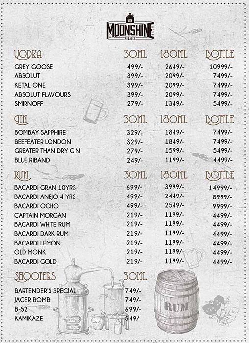 Menu at The Moonshine Project, Hyderabad