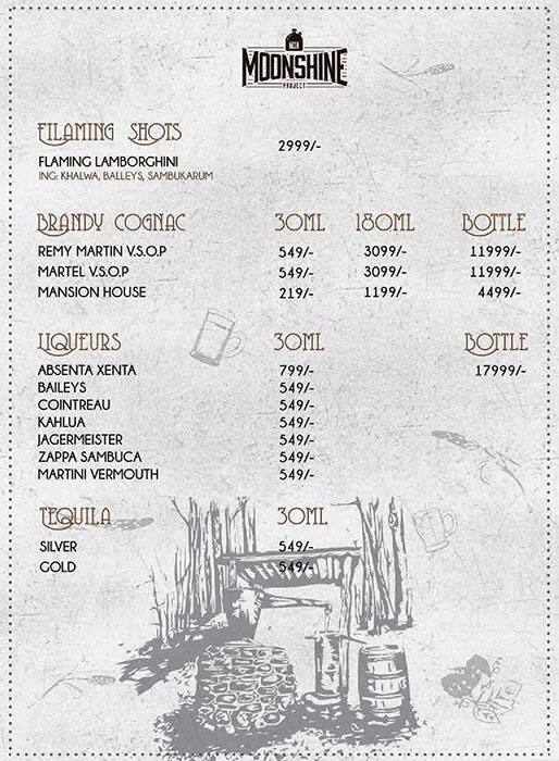 Menu at The Moonshine Project, Hyderabad