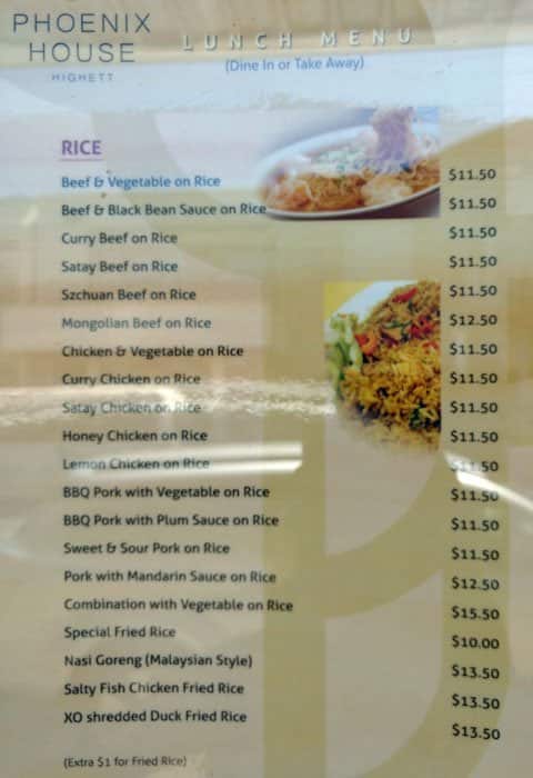 Menu at Phoenix House restaurant, Highett