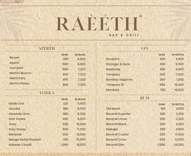 Menu at RAEETH, Vagator