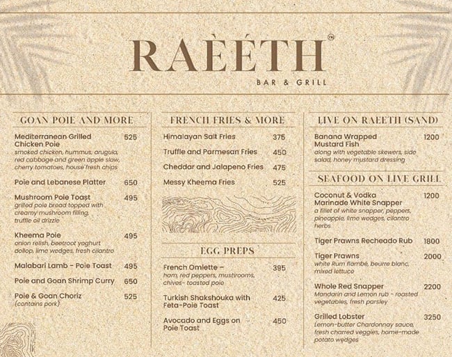 Menu at RAEETH, Vagator