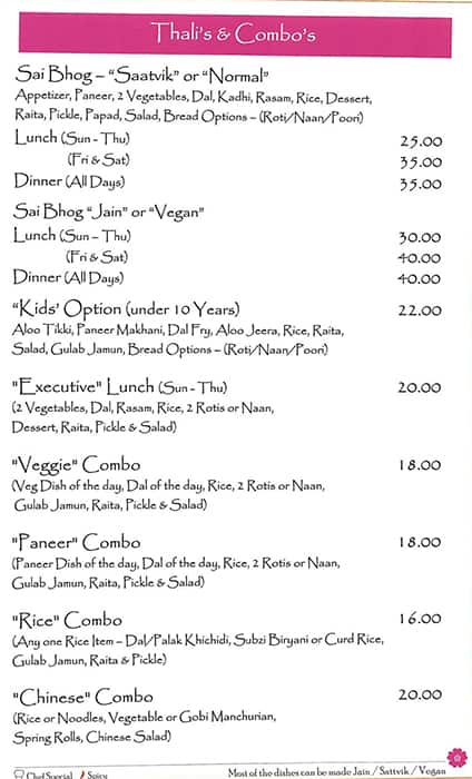 Menu at Sai Dham restaurant, Dubai