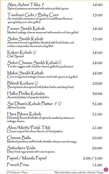 Menu at Sai Dham restaurant, Dubai