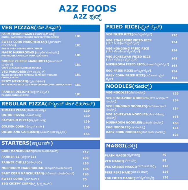 Menu of A2Z Foods, Whitefield, Bangalore