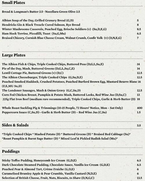 Menu at The Albion pub & bar, London, 10 Thornhill Road