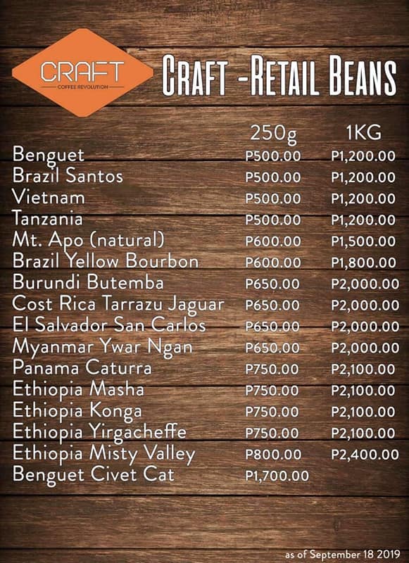 Menu at Craft Coffee Revolution cafe, Quezon City, 66 Broadway Ave