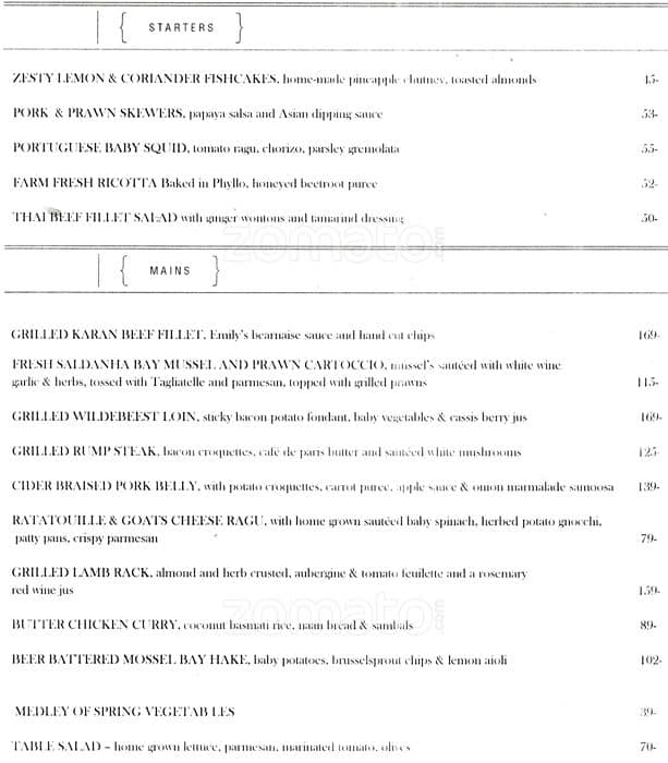 Menu at Emily Moon River Lodge restaurant, Plettenberg Bay