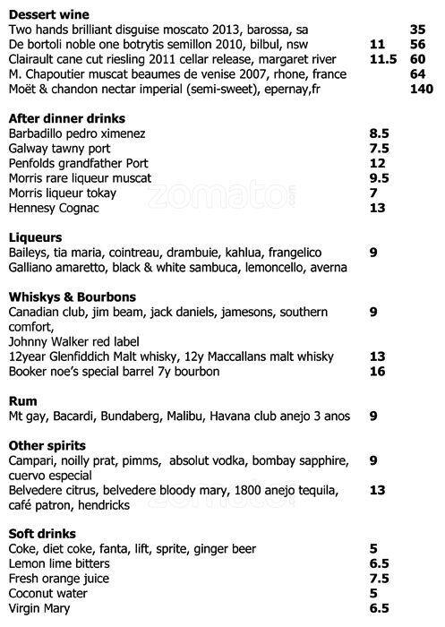 Menu at Bluewaters Cottesloe restaurant, Cottesloe