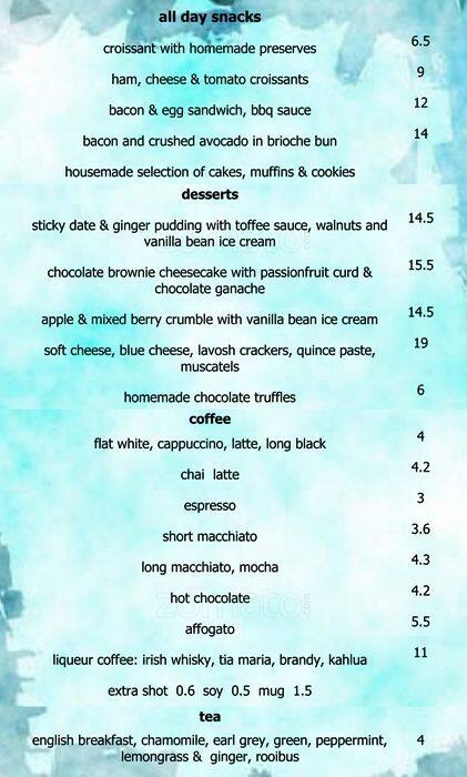 Menu at Bluewaters Cottesloe restaurant, Cottesloe