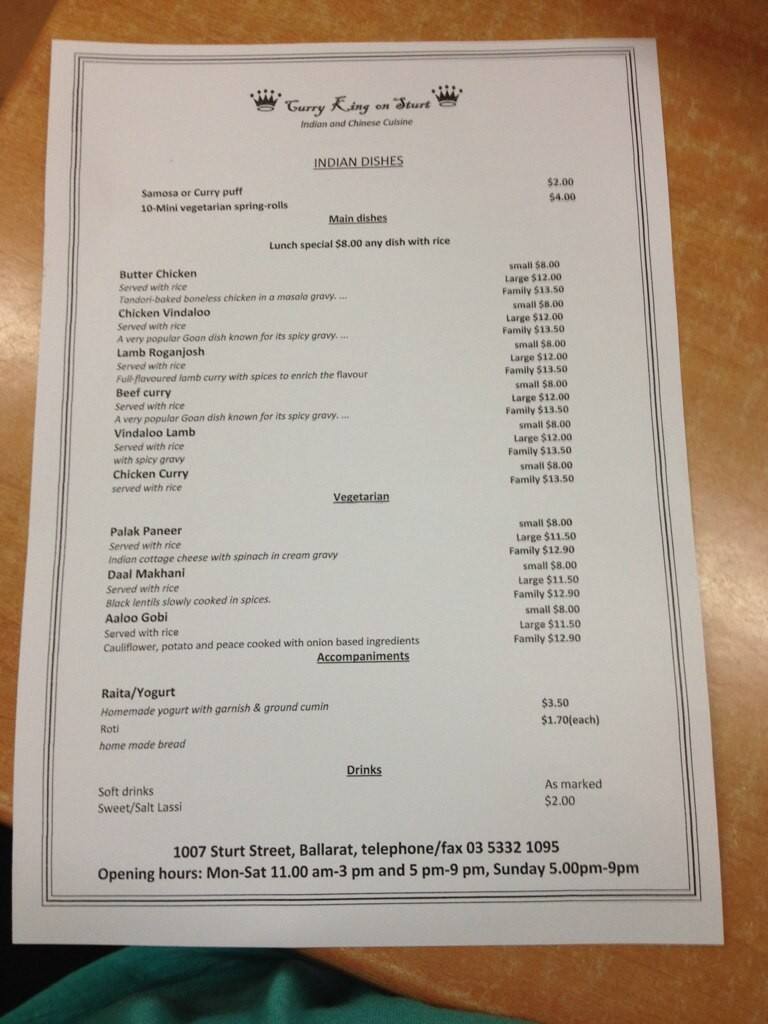 Menu at Curry King on Sturt restaurant, Ballarat Central