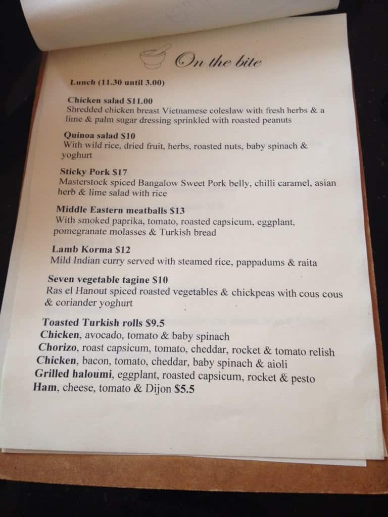 Menu at On The Bite cafe, Maclean