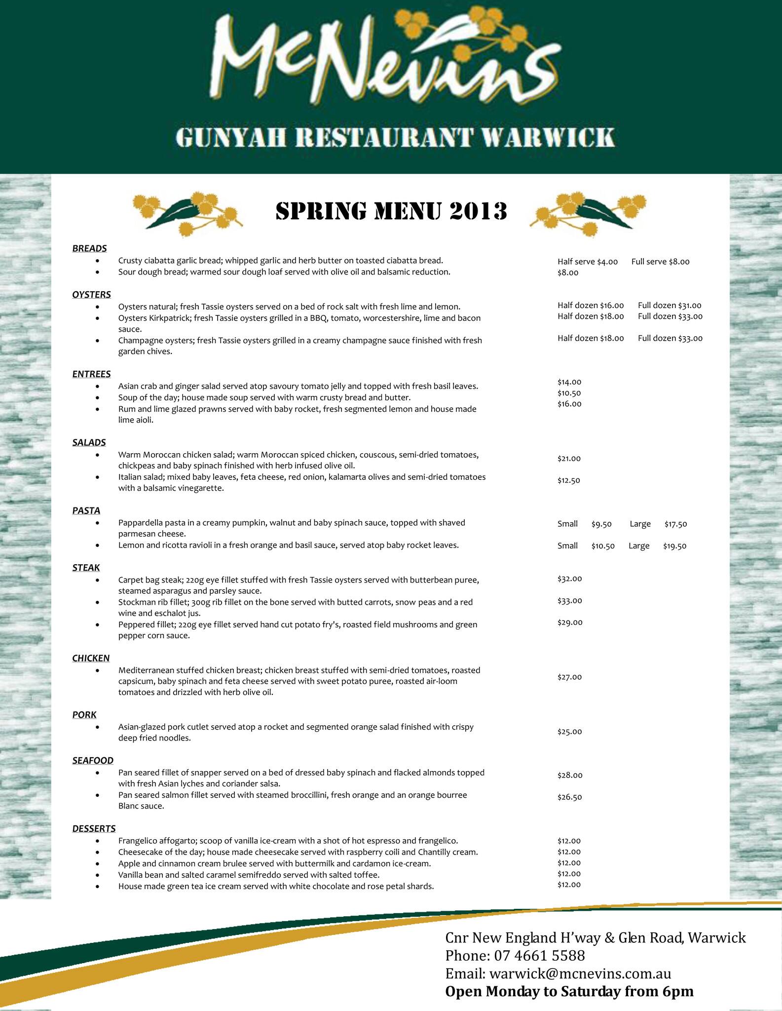 Menu at Gunyah Restaurant, Warwick