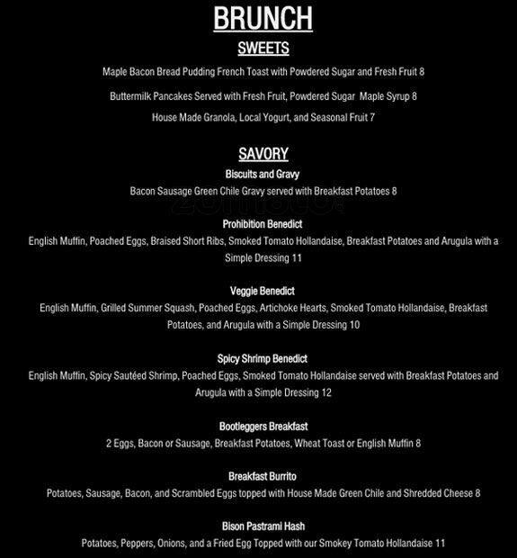 Menu at Prohibition pub & bar, Denver