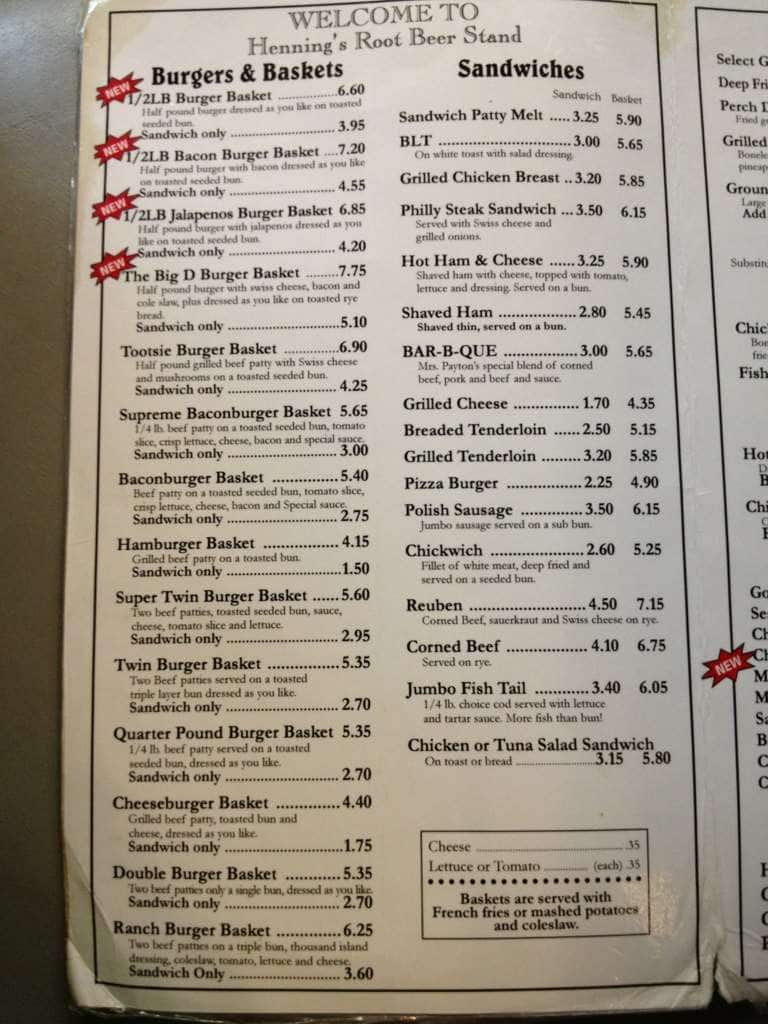 Menu at Henning's Root Beer Stand restaurant, Hoopeston