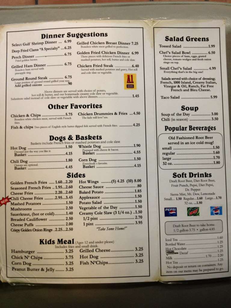 Menu at Henning's Root Beer Stand restaurant, Hoopeston