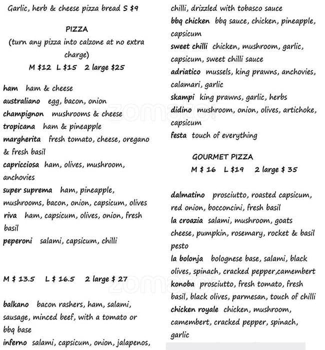 Menu at RIVA Restaurant, Moonah