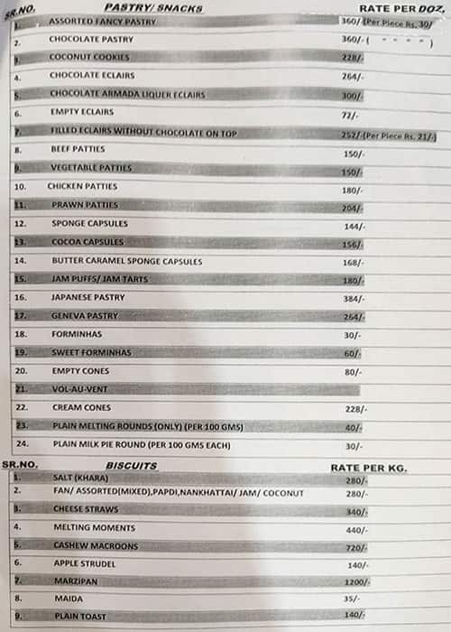 Menu of Jila Bakery, Margao, Goa