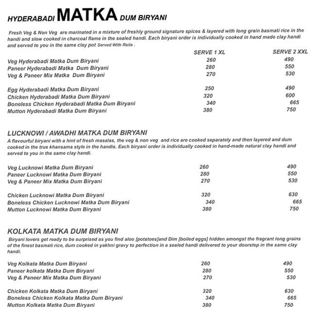 Menu of Matka Dum Biryani, Powai, Mumbai