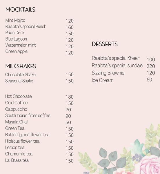 Menu at Raabta Cafe, Dharamshala, Dharamshala