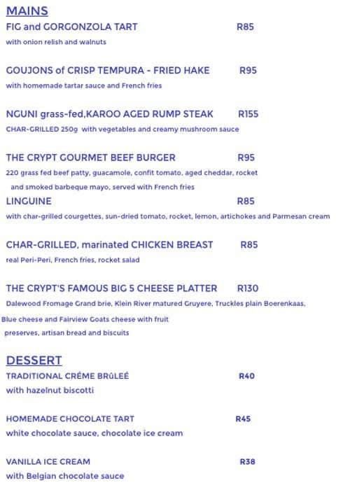Menu at THE CRYPT JAZZ - Cape Town's PREMIER Live Jazz Experience ...