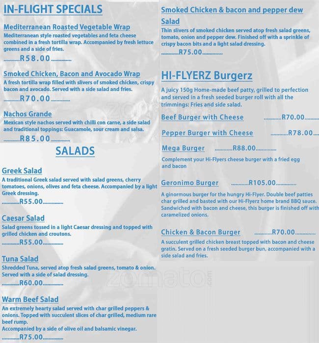 Menu at HI-Flyerz Aviation Bar, Boksburg
