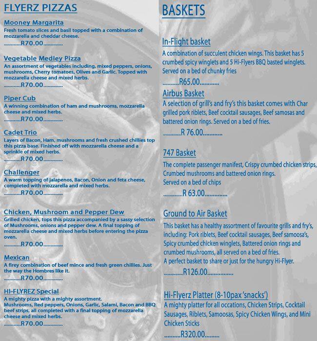 Menu at HI-Flyerz Aviation Bar, Boksburg
