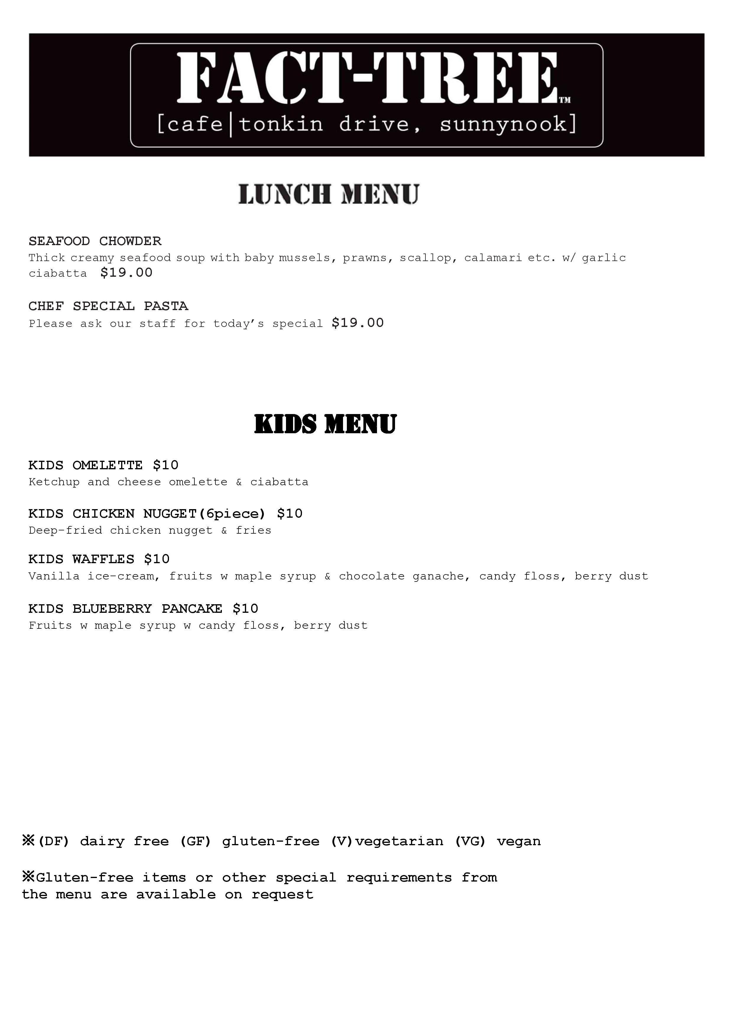 Menu at Fact-Tree cafe, Auckland