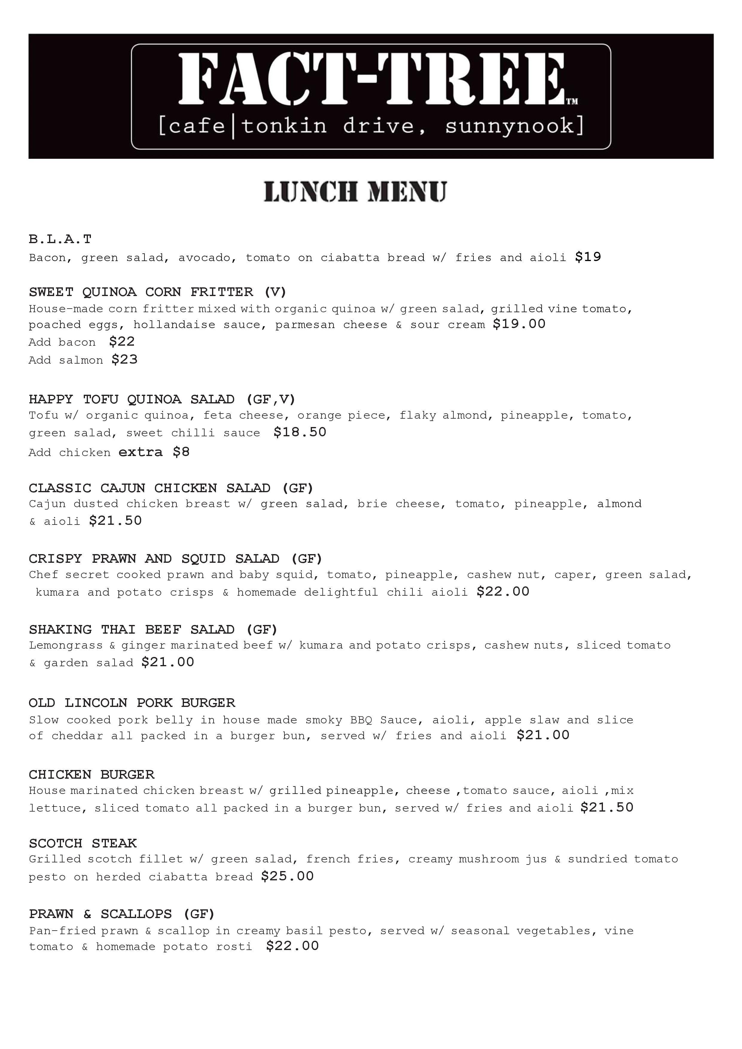 Menu at Fact-Tree cafe, Auckland