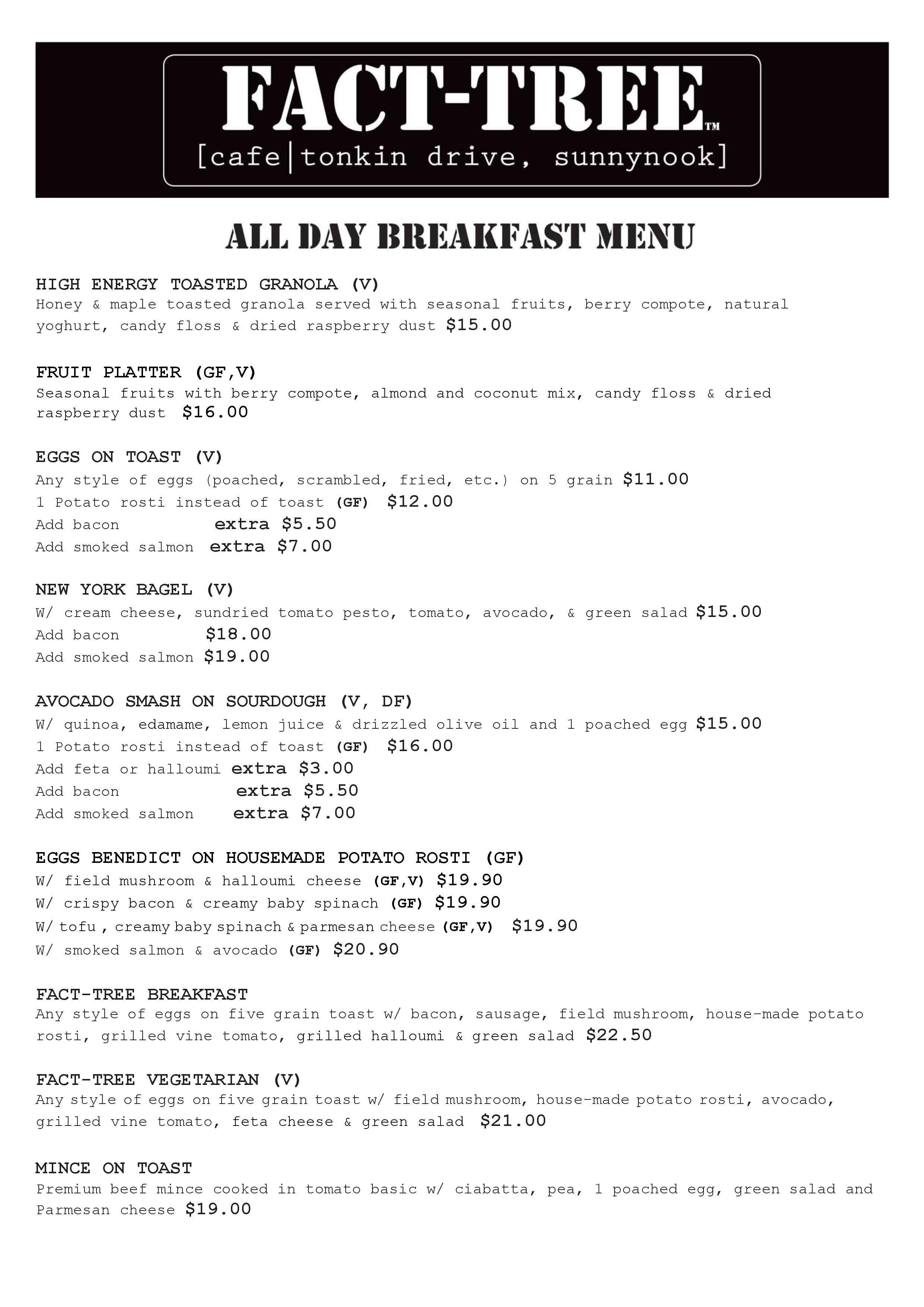 Menu at Fact-Tree cafe, Auckland