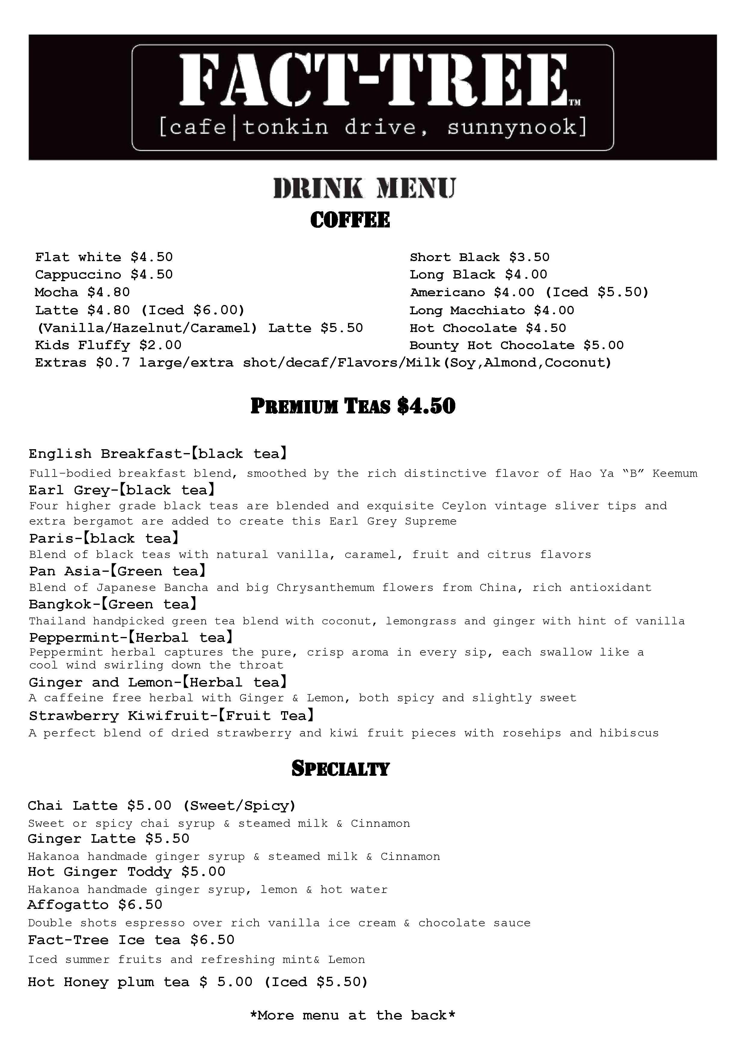 Menu at Fact-Tree cafe, Auckland