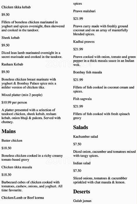 Menu at Bombay Palace restaurant, Wanaka