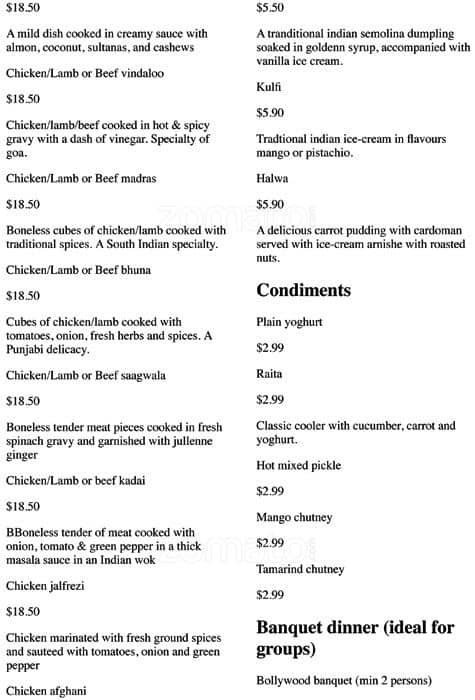 Menu at Bombay Palace restaurant, Wanaka