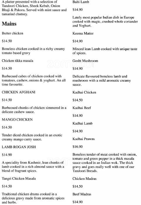 Menu at Bombay Palace restaurant, Wanaka