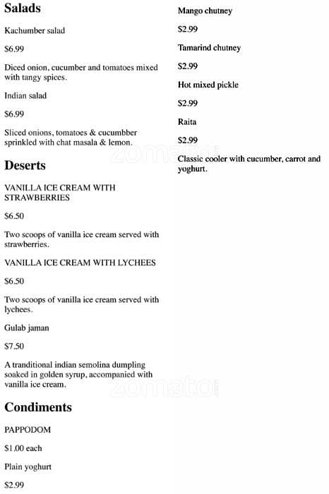 Menu at Bombay Palace restaurant, Wanaka