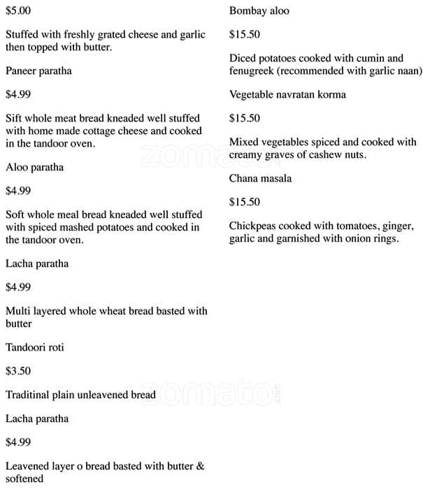 Menu at Bombay Palace restaurant, Wanaka