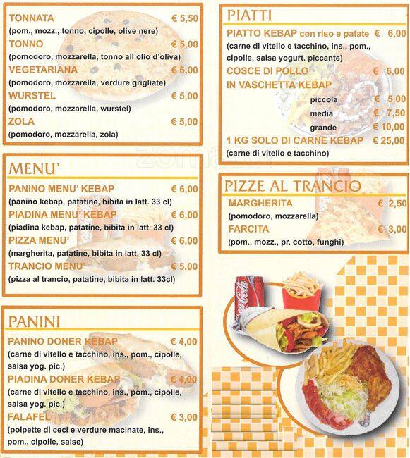 Menu at Efes Istanbul Kebap-Pizza restaurant, Milan