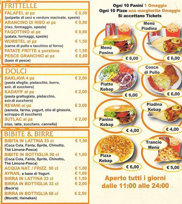 Menu at Efes Istanbul Kebap-Pizza restaurant, Milan